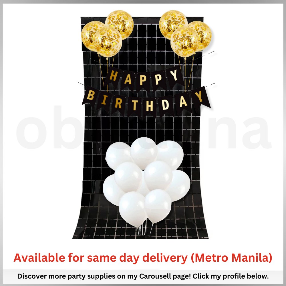 Happy Birthday Set (1 pc. Black Square Foil Curtain, HBD Banner, 10 pcs ...