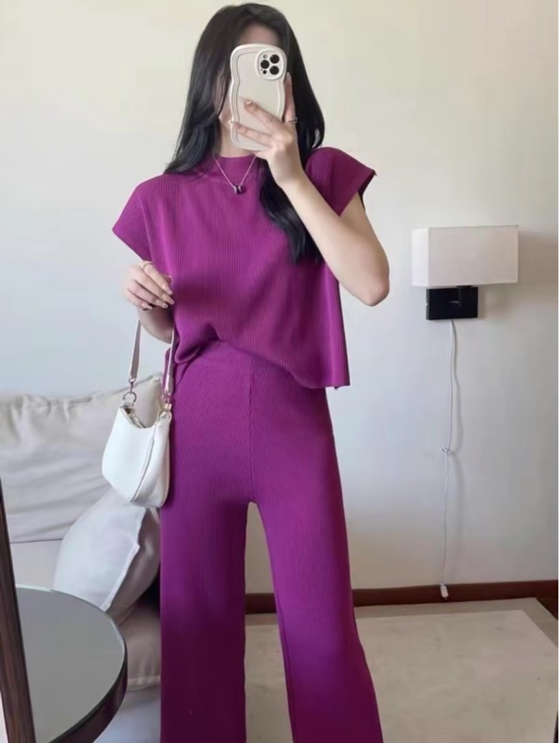 Knitted oversize turtle neck top and garter pants coords, Women's ...