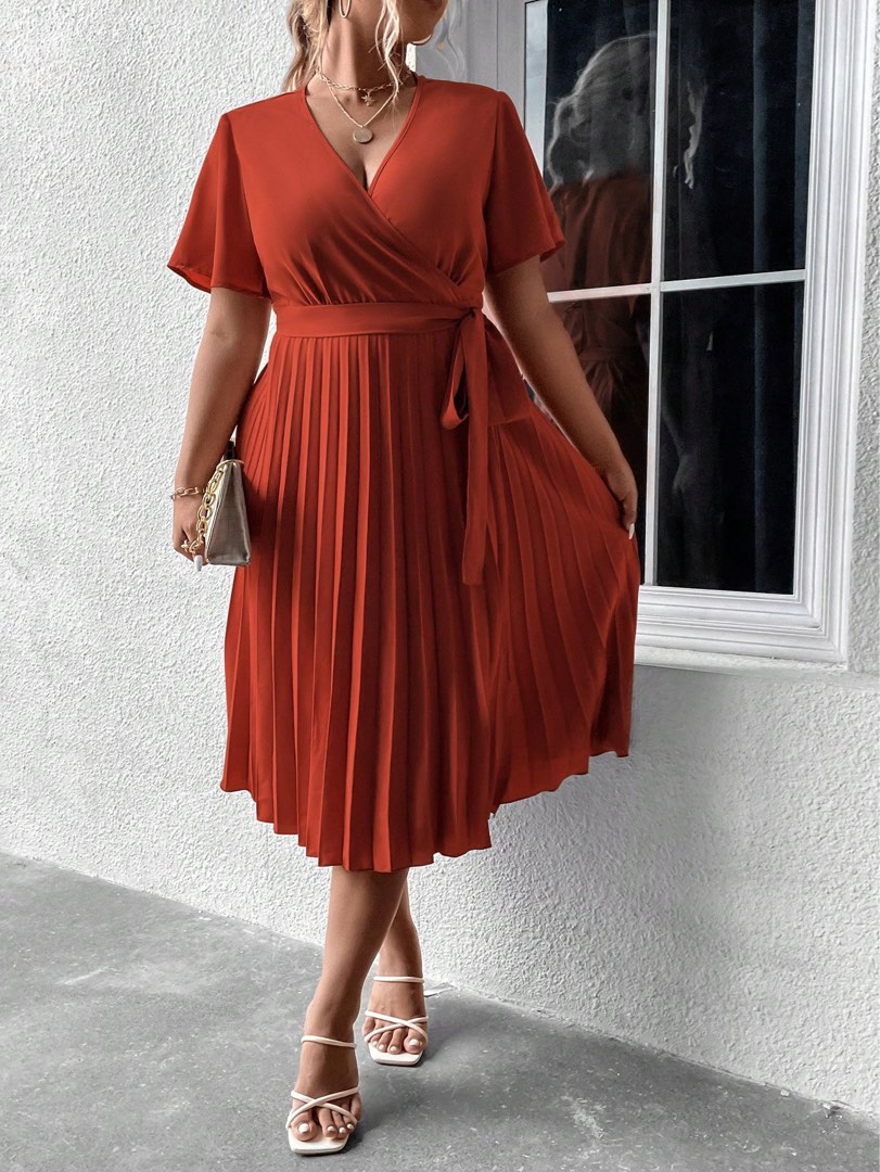 Rust Brown Surplice Neck Pleated Hem Knot Side Dress, Women's Fashion ...