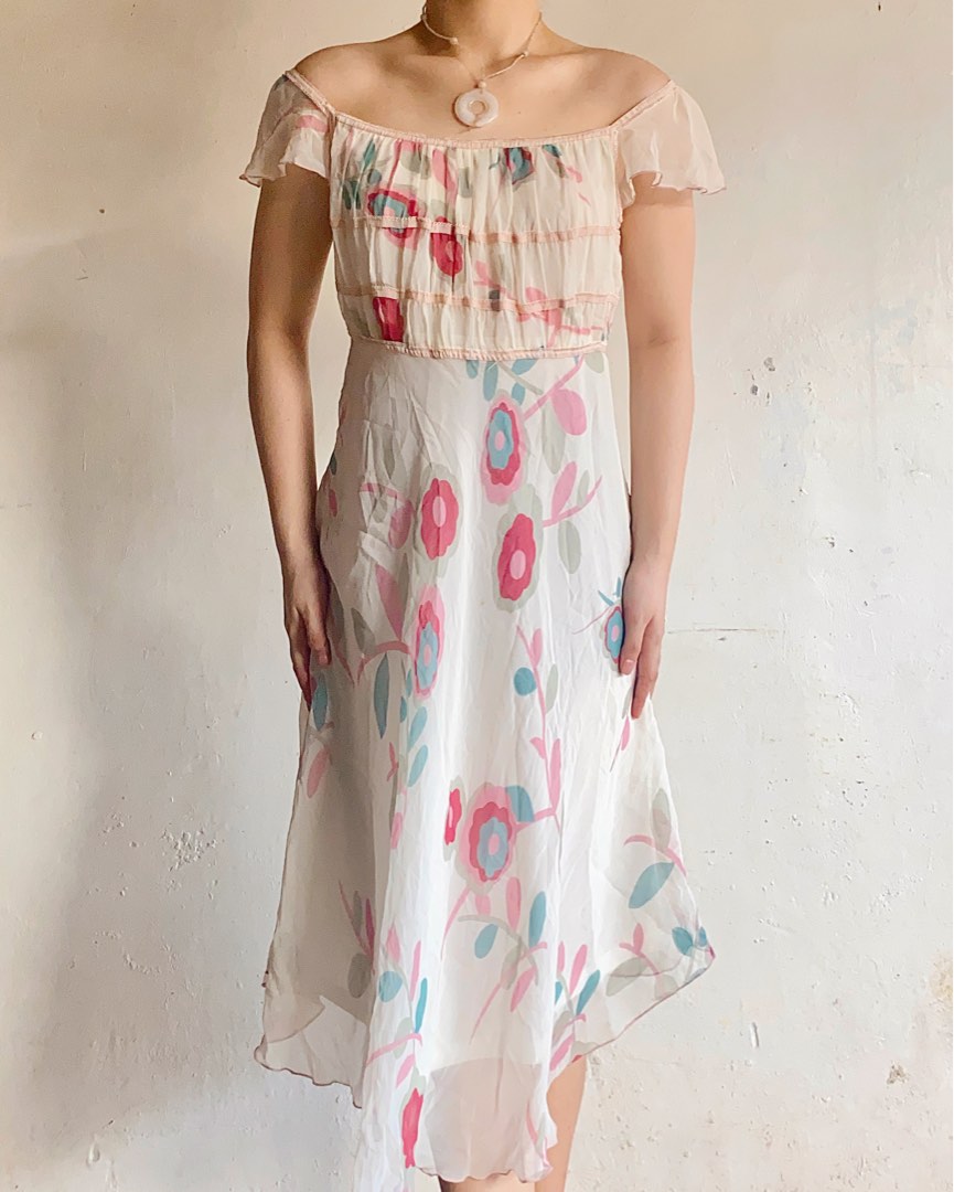 Vintage pastel two-way offshie off shoulder sleeveless white chiffon ...