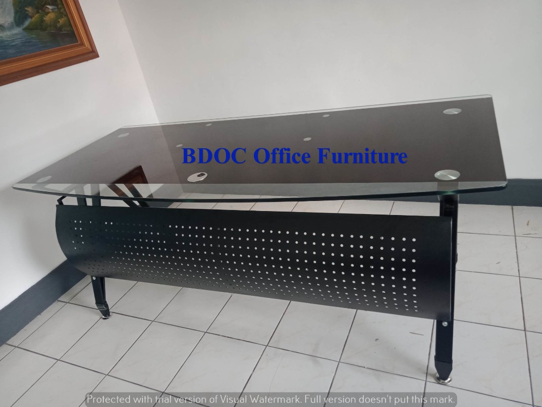 black office table with glass table top and steel frames no drawers / office partition / office ...