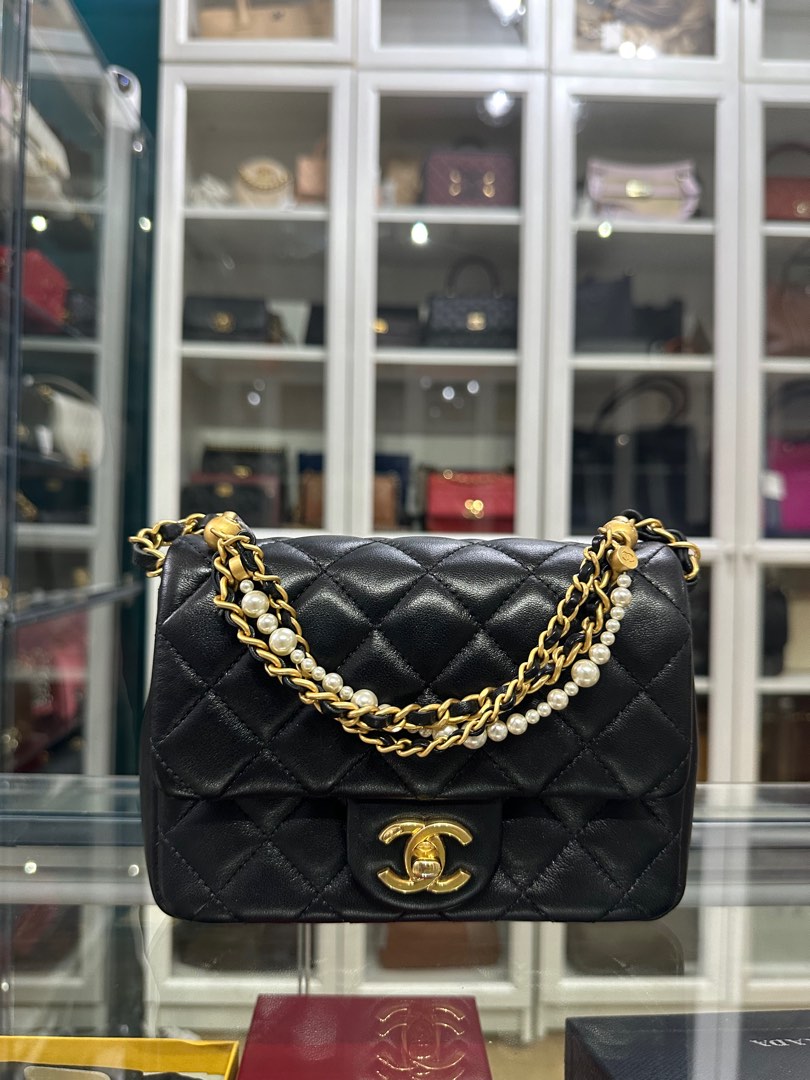 Chanel 24P Mini Square Pearl Chain in Black Lambskin & Aged Gold ...