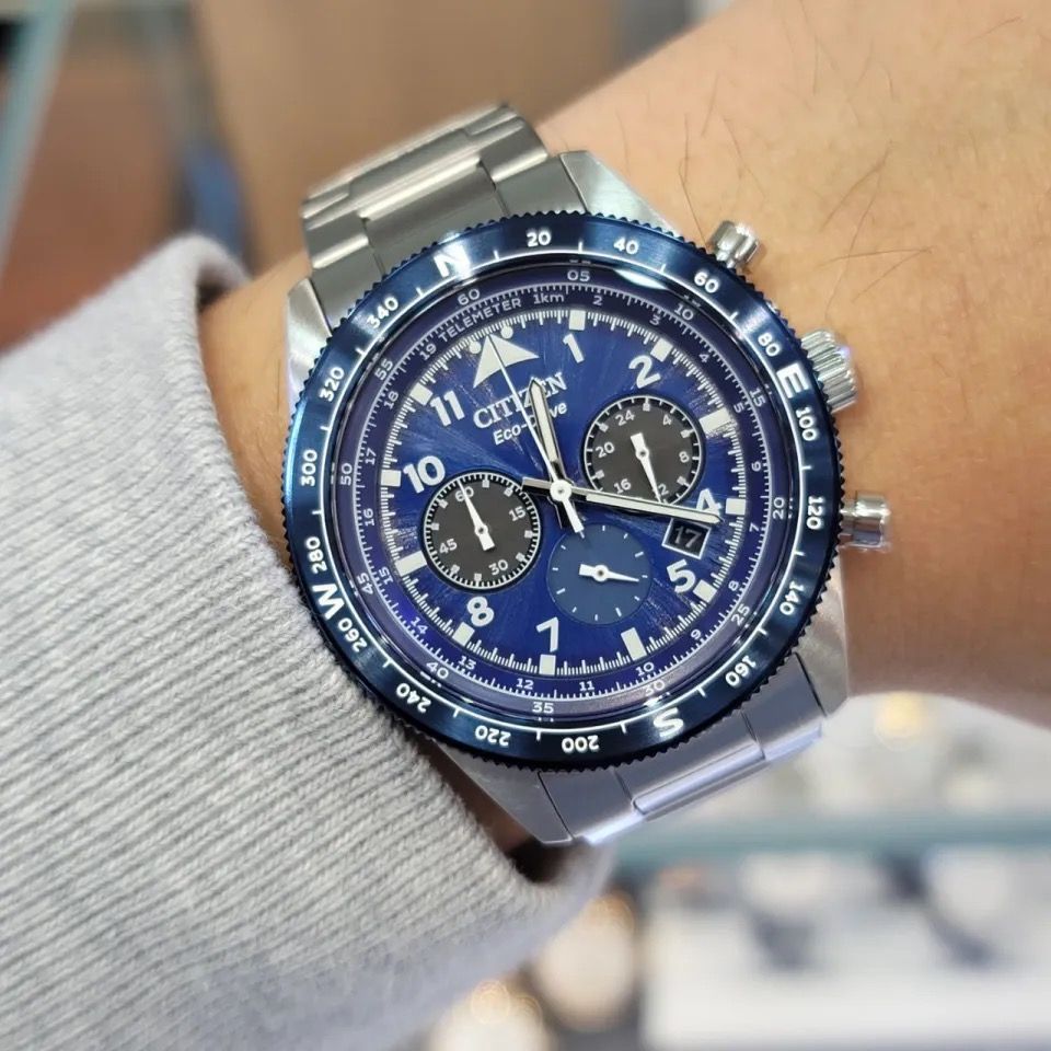 CITIZEN 星辰 Eco-Drive 光動能 Chronograph CA4554 系列 100M 防水 計時秒錶 藍色面 銀色鋼帶 ...