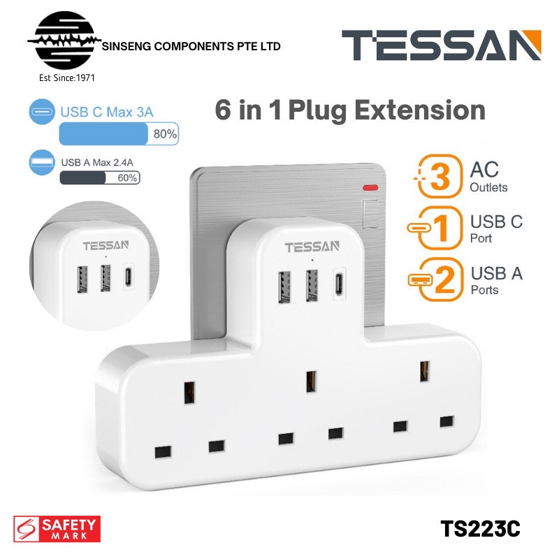 TESSAN Extension Multi Plug with 1 USB and 2 USB C, Power Adapter UK ...
