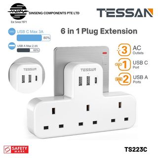 TESSAN TPS03 8 Socket Plug AC Outlets Multi Plug Extension Socket with ...