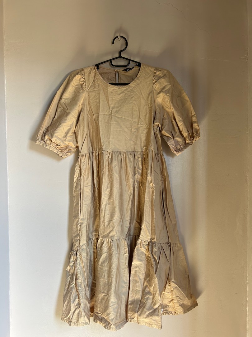 Zara Beige Tiered Dress - Reworked, Women's Fashion, Dresses & Sets ...