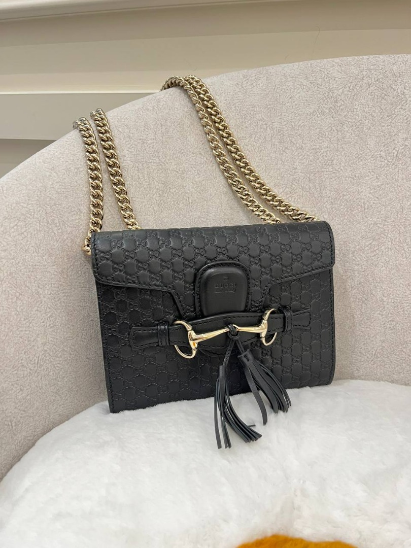 GUCCI EMILY CHAIN MINI CROSSBODY BAG IN BLACK GG GUCCISSIMA EMBOSSED ...