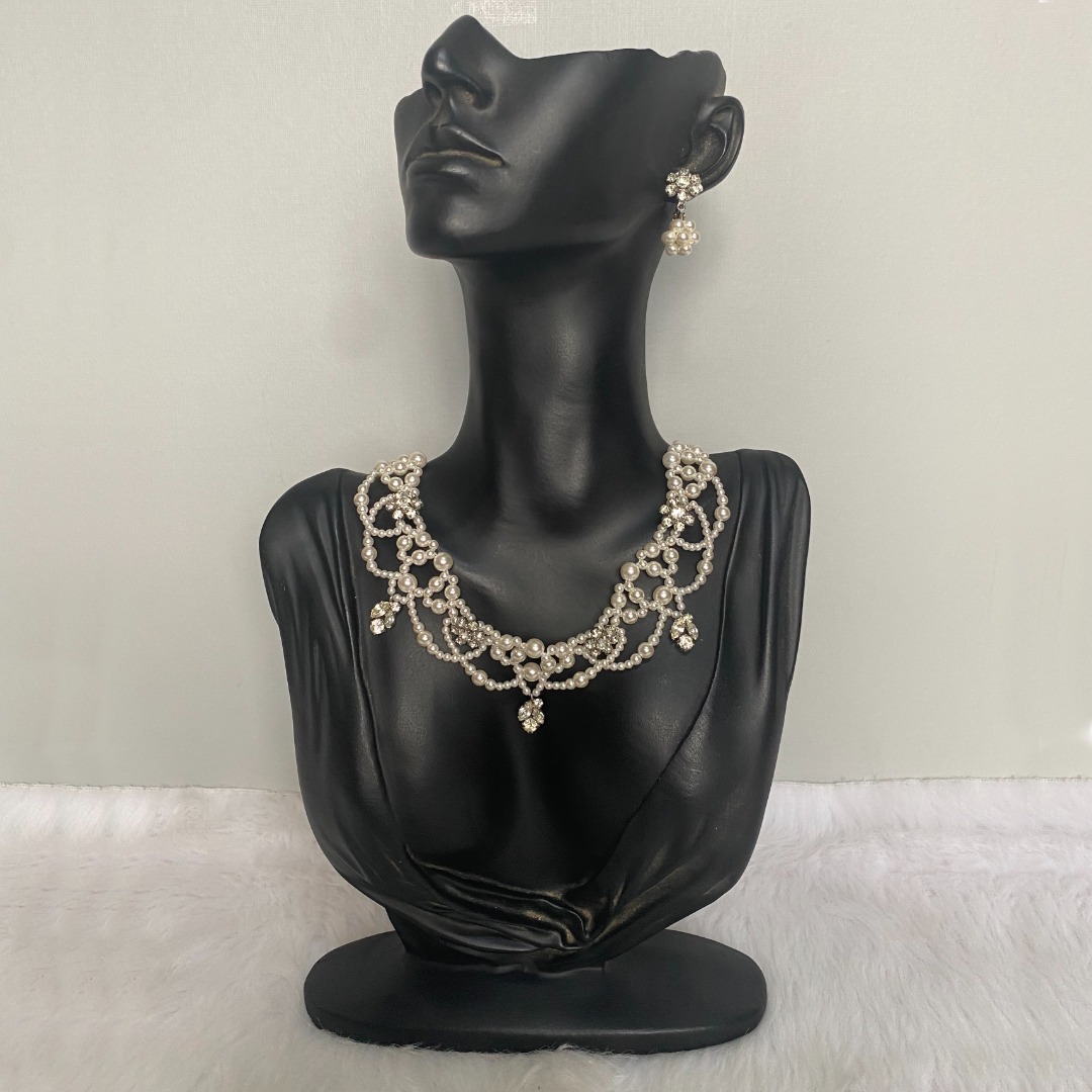 Japan White Faux Pearl Chandelier Necklace Earrings Set, Women's ...