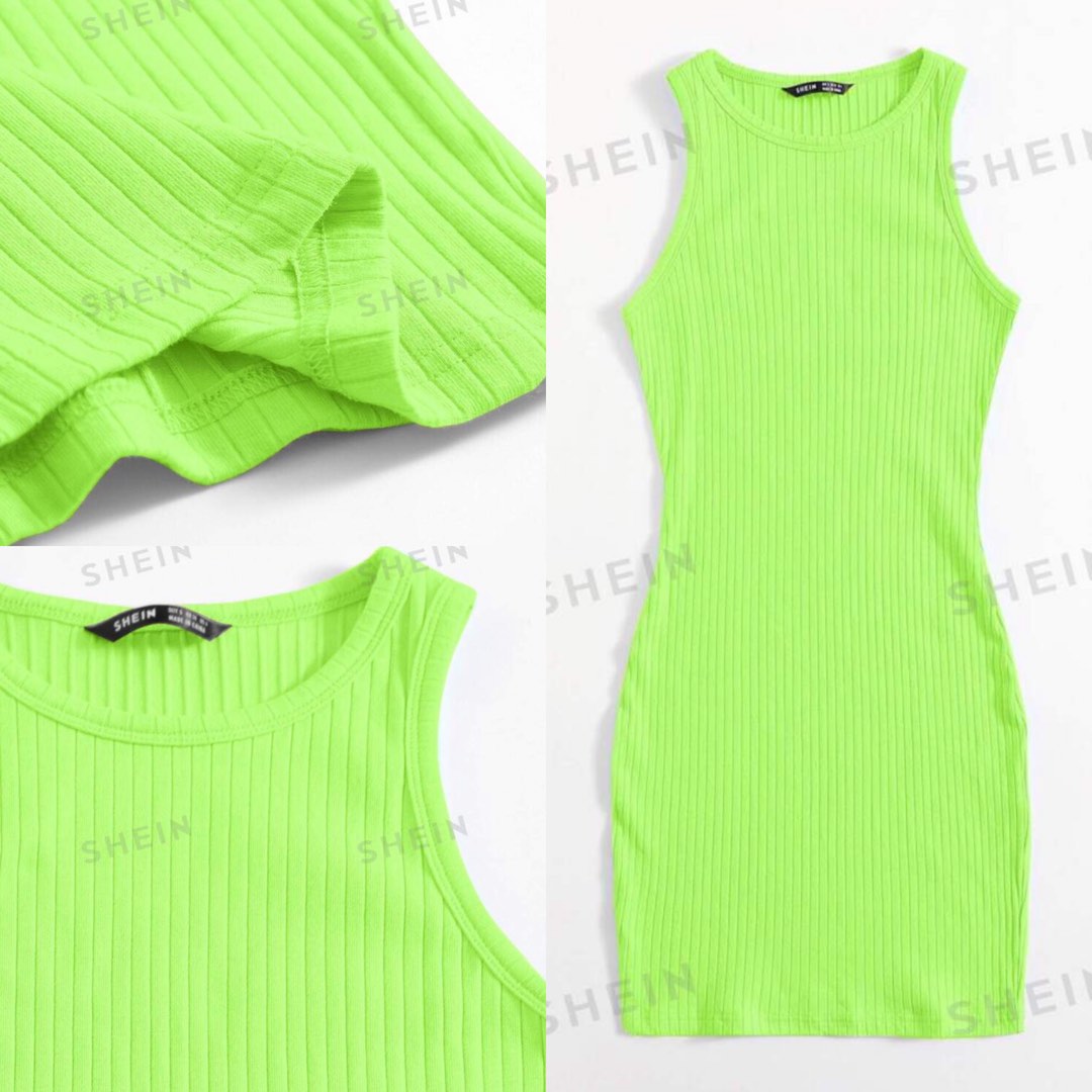 Lime Rib-Knit Bodycon Dress | Neon Green | SHEIN | Brand New, Women's ...