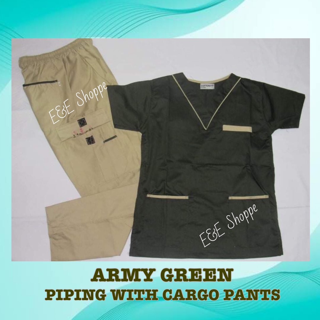 SCRUBSUIT SET - UNISEX (ARMY GREEN-Piping with CARGO pants), Women's ...