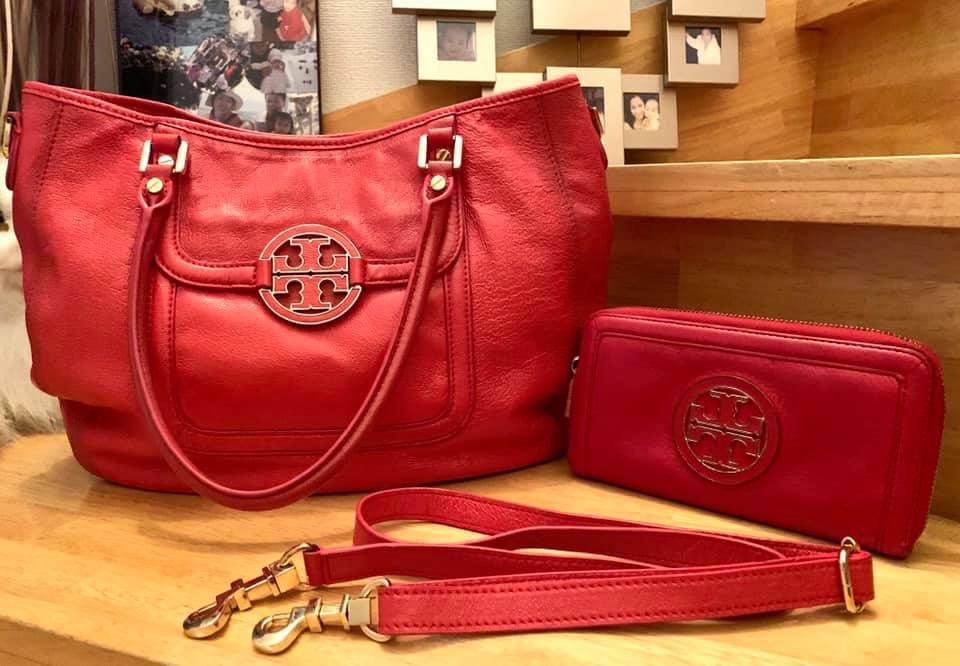 tory burch red leather 2 way bag and long wallet, Luxury, Bags ...