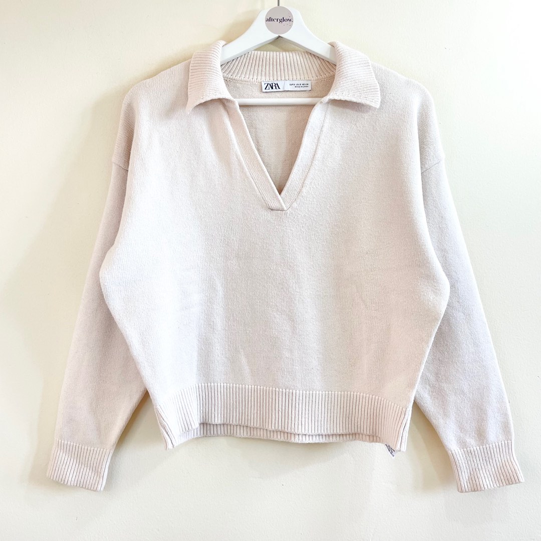 ZARA CREAM CROP TIRAMISU COLLARED KNIT SWEATER Rajut Berkerah Krem ...