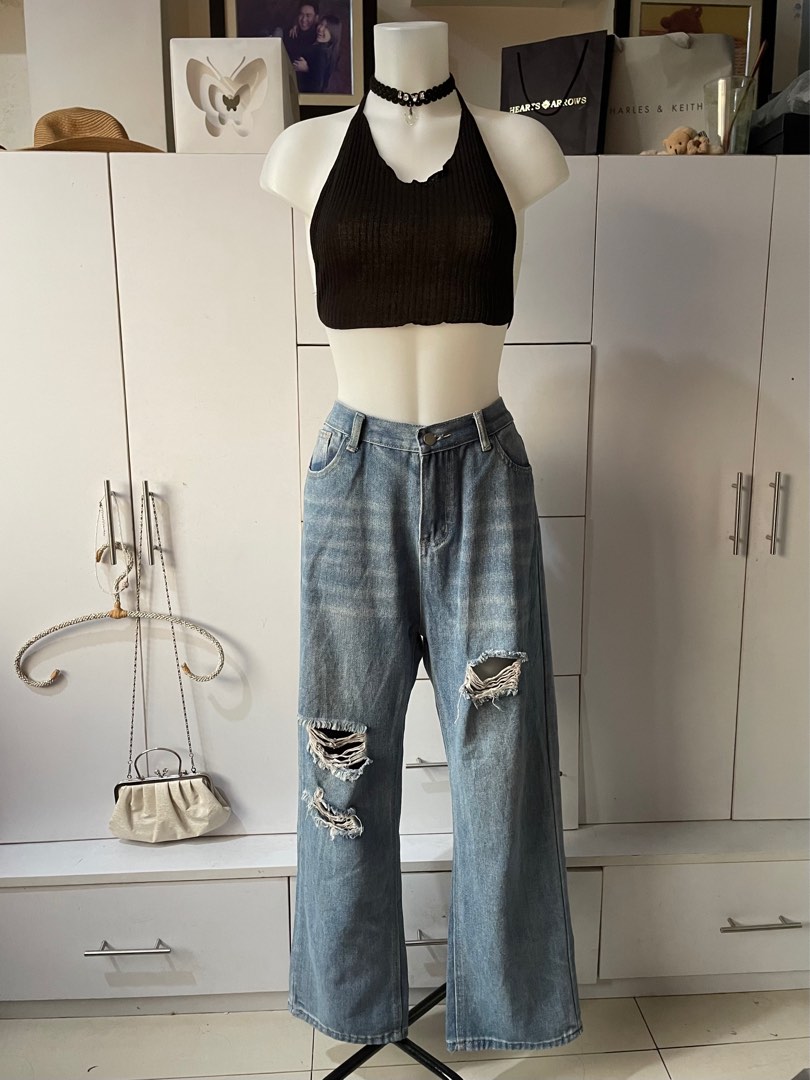 Vintage Ripped Tattered Style Baggy Soft Denim Jeans, Women's Fashion ...