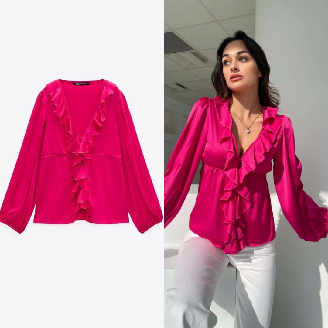 ZARA Top with Ruffled Front, Women's Fashion, Tops, Blouses on Carousell