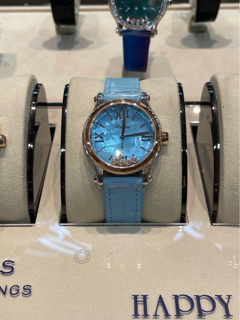 CHOPARD HAPPY SPORT BLUE CRYSTAL ROSE GOLD WATCH 278608-6013 33mm, 名牌, 手錶 - Carousell