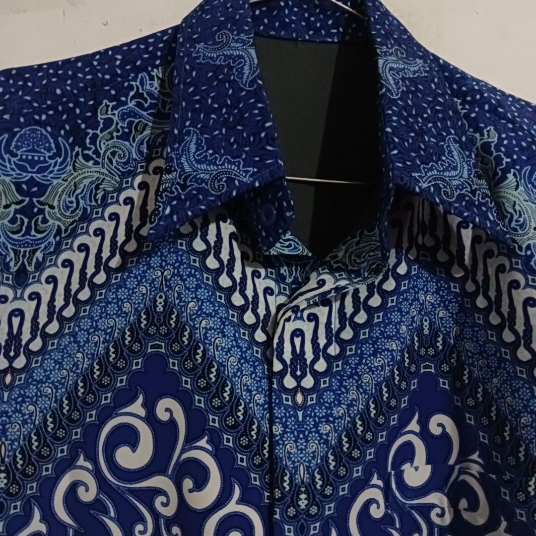 Kemeja seragam guru motif batik biru lengan panjang, Fesyen Pria ...