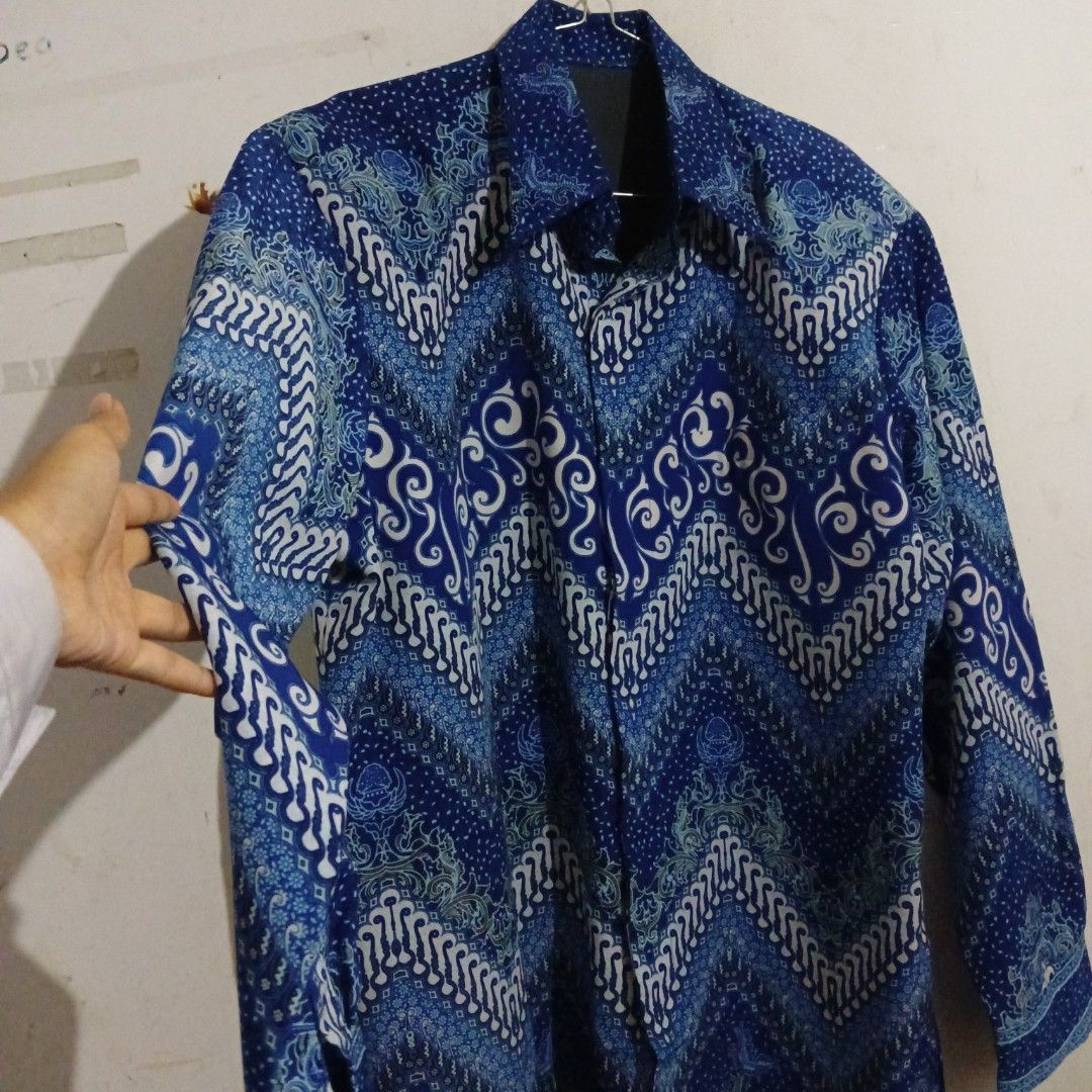 Kemeja seragam guru motif batik biru lengan panjang, Fesyen Pria ...
