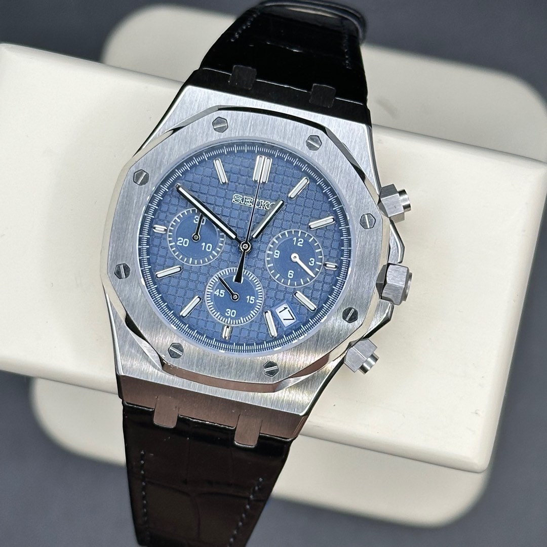 Seiko Oak Blue MOD Chronograph Leather VK63 Sapphire, Fesyen Pria, Jam ...