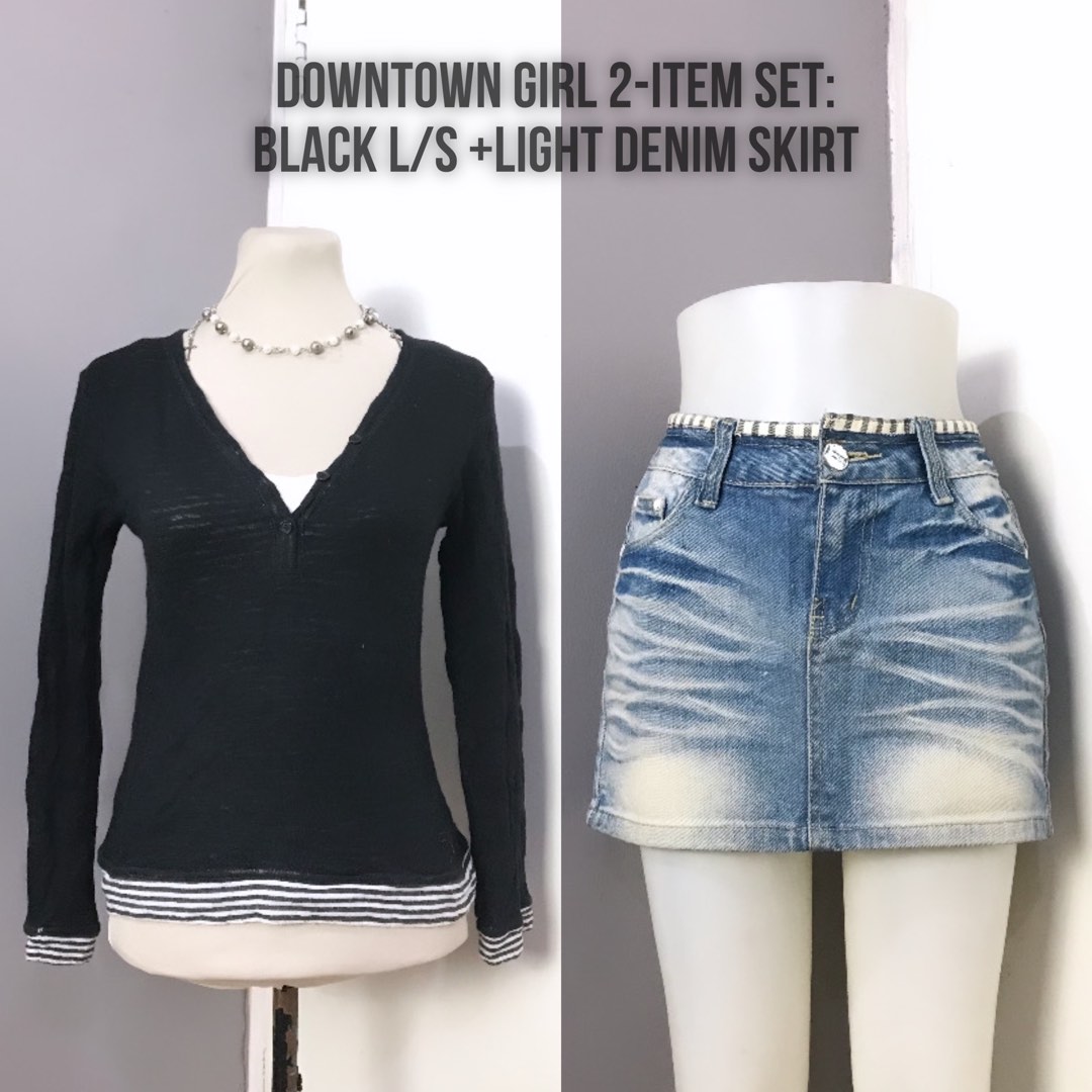 2-ITEM DOWNTOWN GIRL SET: Black Button Longsleeves W/ Stripe Accent ...