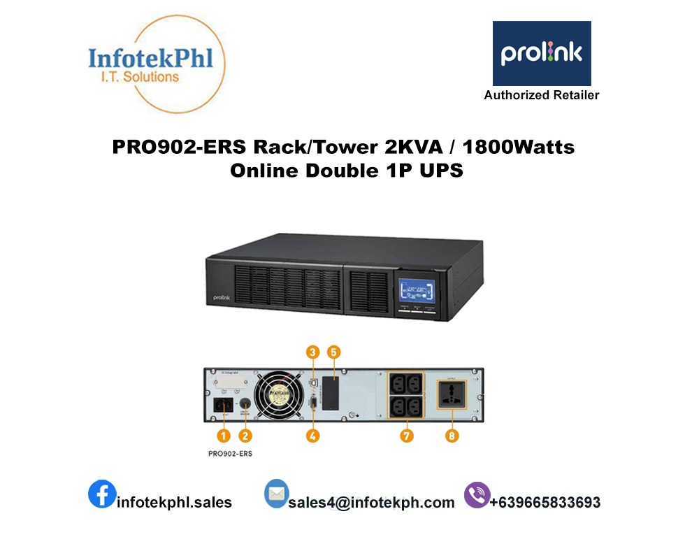 Prolink PRO902-ERS Rack/Tower 2KVA / 1800Watts Online Double 1P UPS ...