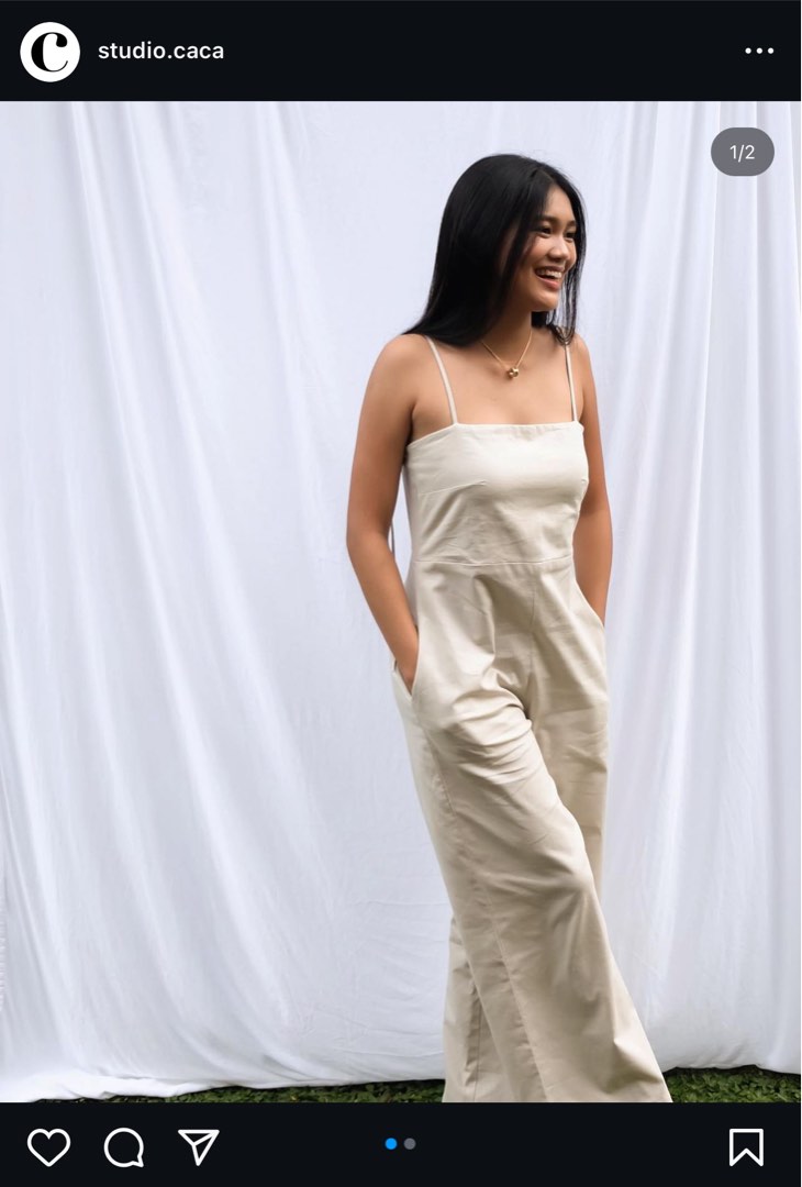 Studio Caca beige linen jumpsuit, Women's Fashion, Dresses & Sets, Jumpsuits on Carousell