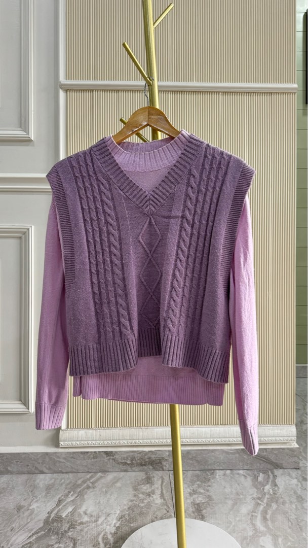 [VAN HEWLETT] SET VEST + INNER PURPLE PINK DAILY KNITVEST TOCANG, Women ...