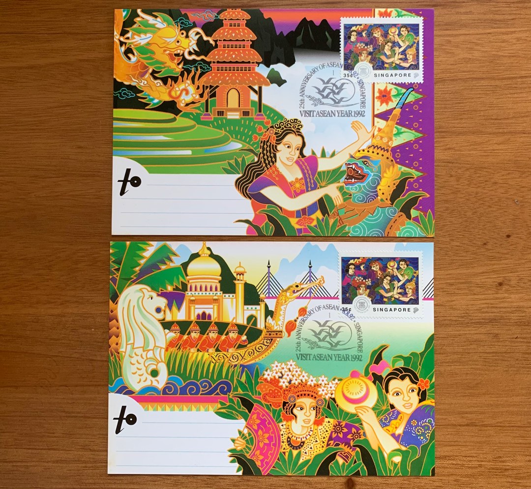 1992 Singapore 25 years ASEAN stamps on maxicard set of 2 cards ...