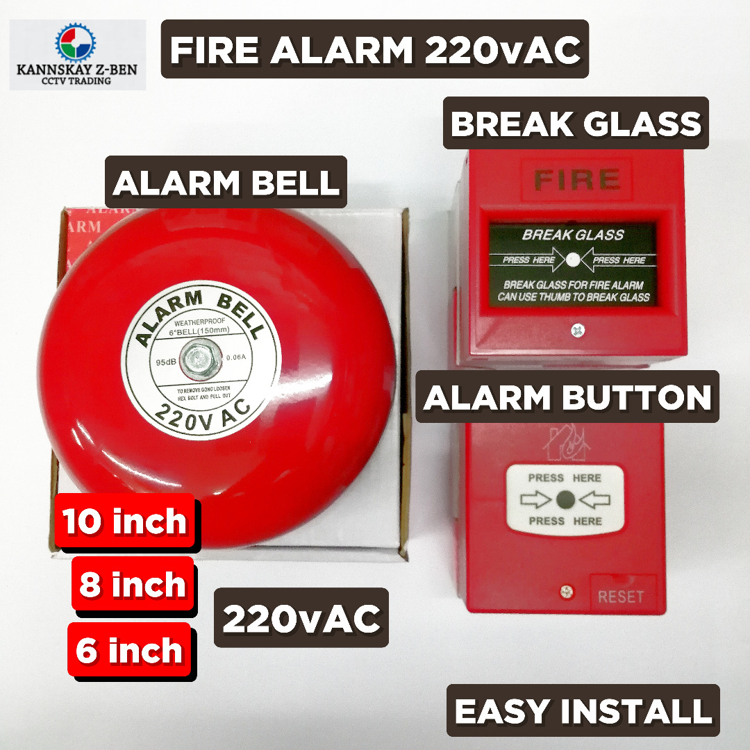 FIRE ALARM BELL 220vAC 10" 8" 6" inch + BREAKGLASS ALARM BUTTON MANUAL ...