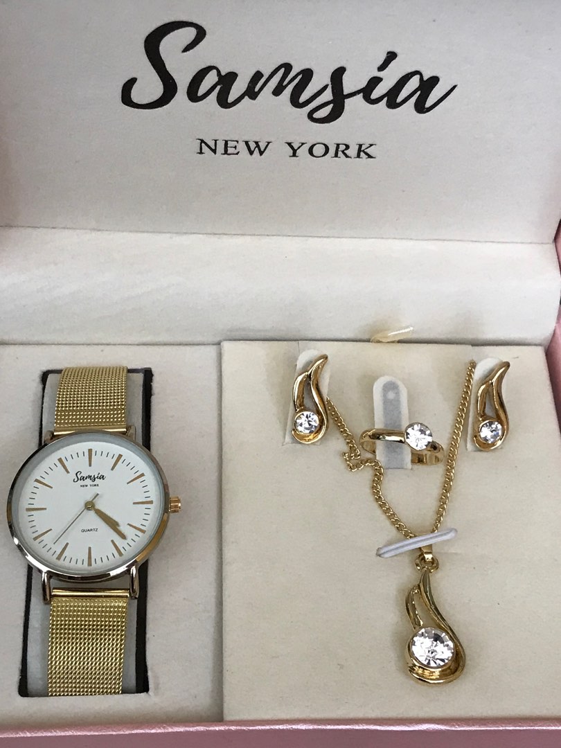 SAMSIA NEW YORK GOLD PLATED WATCH AND JEWELRY SET, Women's Fashion ...