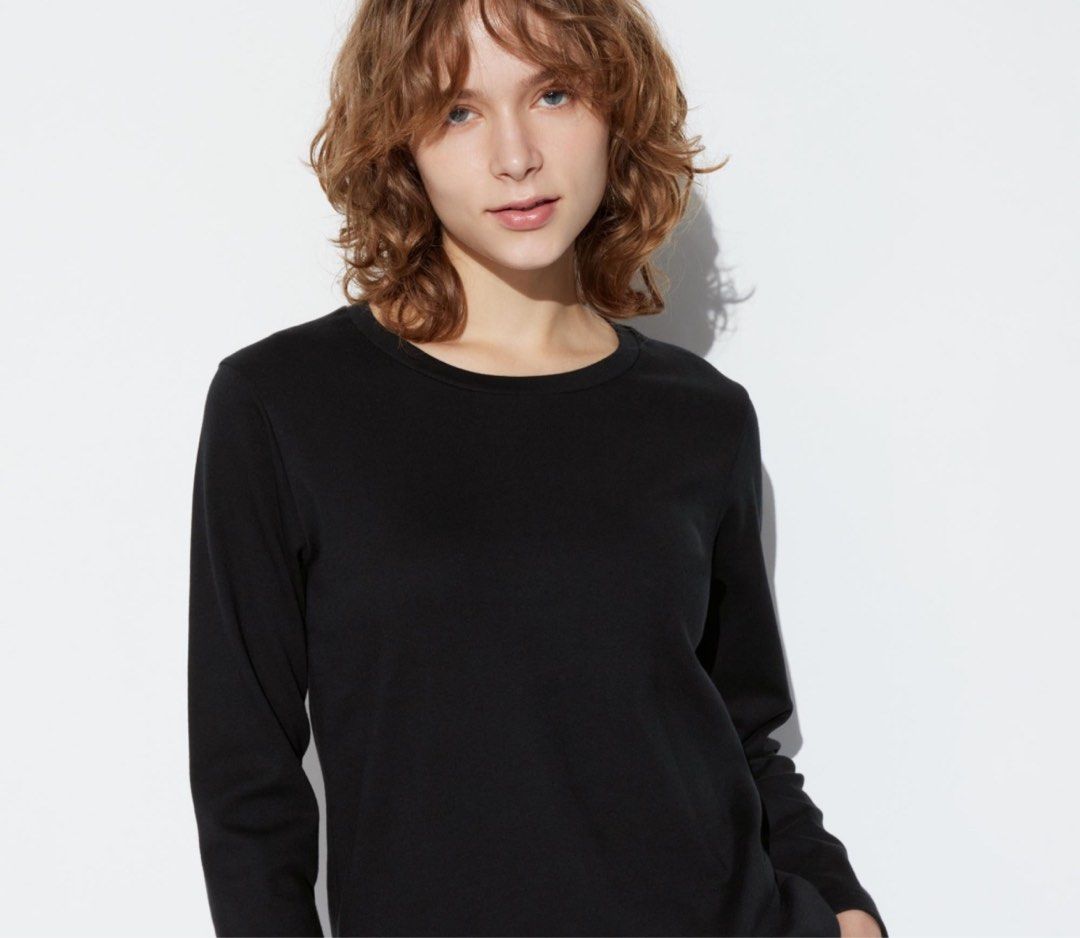 Uniqlo smooth stretch cotton crew neck long sleeve t-shirt top, Women's ...