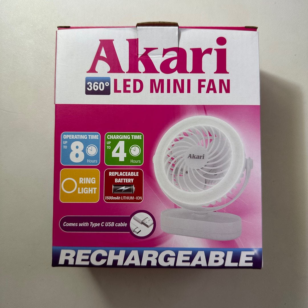 AKARI LED Mini Fan Rechargeable Akari 5" Rechargeable Fan w/ Ring Light ...
