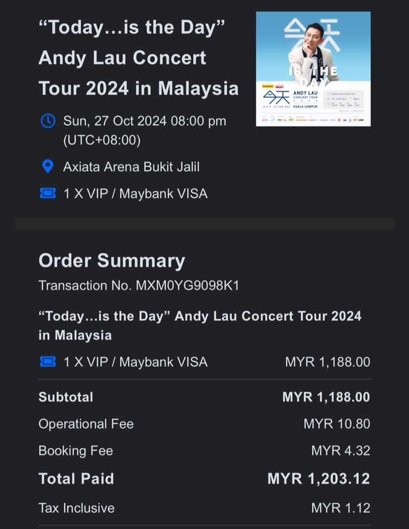 Andy Lau KL Concert Tour 2024(VIP seat), Tickets & Vouchers, Event ...