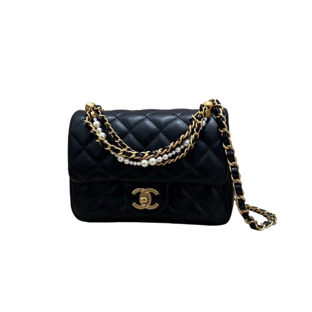 Chanel 24P Pearl Twist Chain Mini Flap Bag in Black Lambskin and AGHW ...