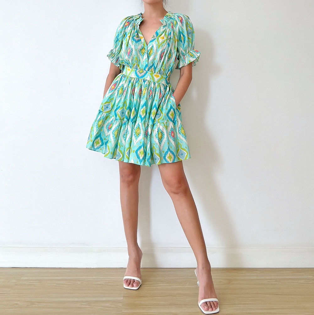 CHARINA SARTE Aqua Blue Ikat Puffed Sleeve Dress XS, Women's Fashion ...
