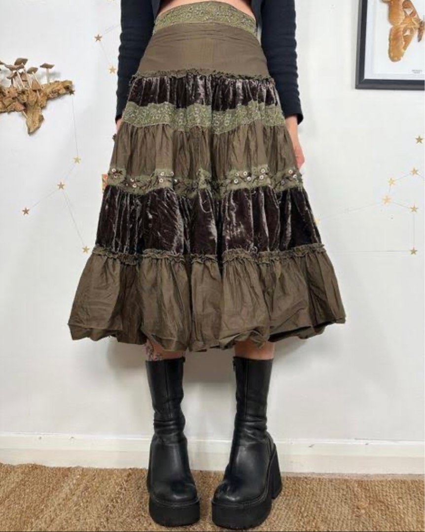 (2 for 500)|(L) Boho, Pixie Gypsy,Hippy GOLD/GREEN/BROWN Velvet,Jacquered,laced TIERED MIDI ...