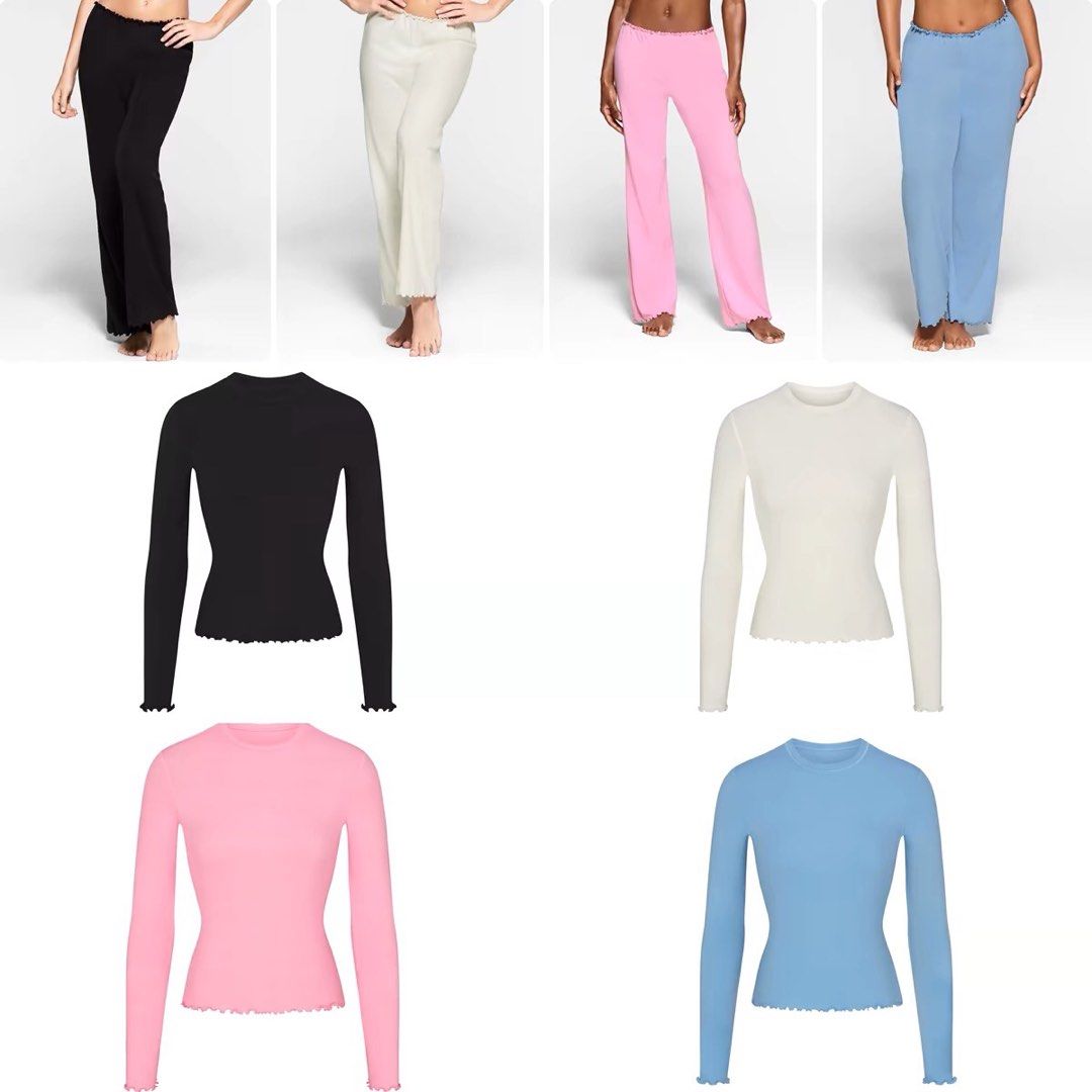 Skims Logo Pointelle Long Sleeved T Shirt Top Flared Leggings in Pink ...