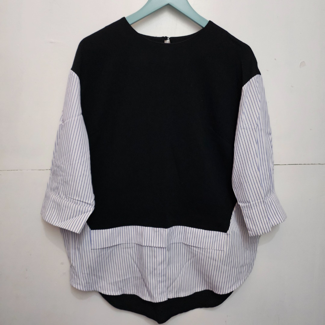 Two-toned Solid Stripes Long Sleeve Korean Office Top, Women's Fashion ...