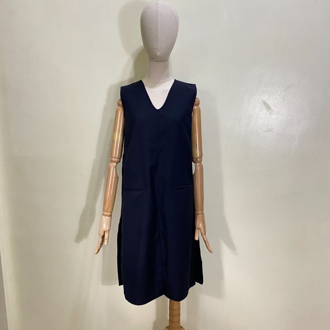 C19 - #nude Made by Suoi Pinstripes Dark Blue Layering Garment with Side Slits and Front Pockets ...