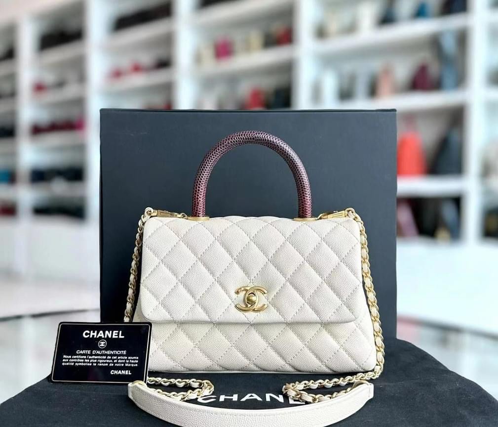 Chanel Caviar Small Coco Handle Quilted Calfskin Cream White Golden ...