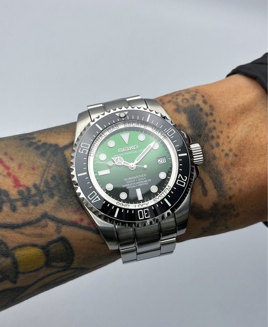 Custom Seiko Mod 44mm Green Fade Submariner Deepsea Automatic Watch ...