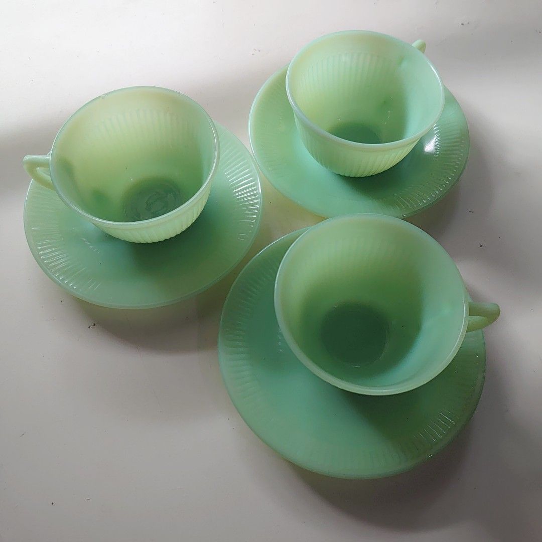 Jadeite Fire King Tea Cups + Saucer Gelas Teh Piring Antik Vintage ...