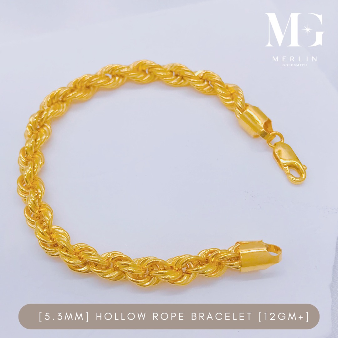 916 Gold (5.3mm) Hollow Rope Bracelet (HRB-12GM+/-), Women's Fashion ...