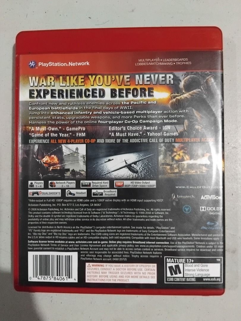 PS3 Game - Call of Duty - World At War - 2008, Video Gaming, Video ...