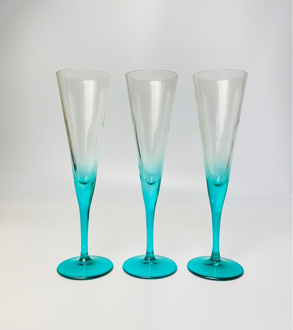 Blue stemmed tall flute glass set of 3, Furniture & Home Living ...