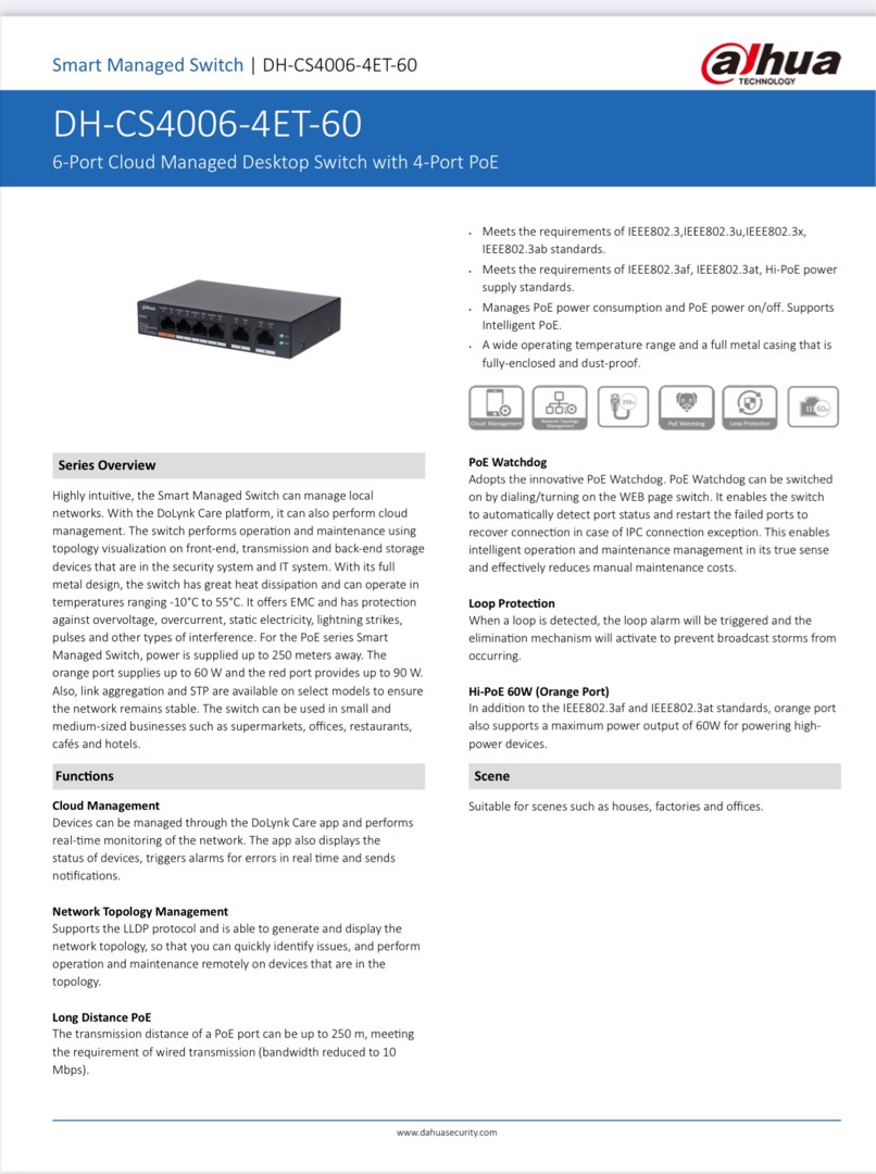 Dahua 4 Port PoE Switch | 4 + 2 Uplink 6-Port Cloud Smart Managed ...