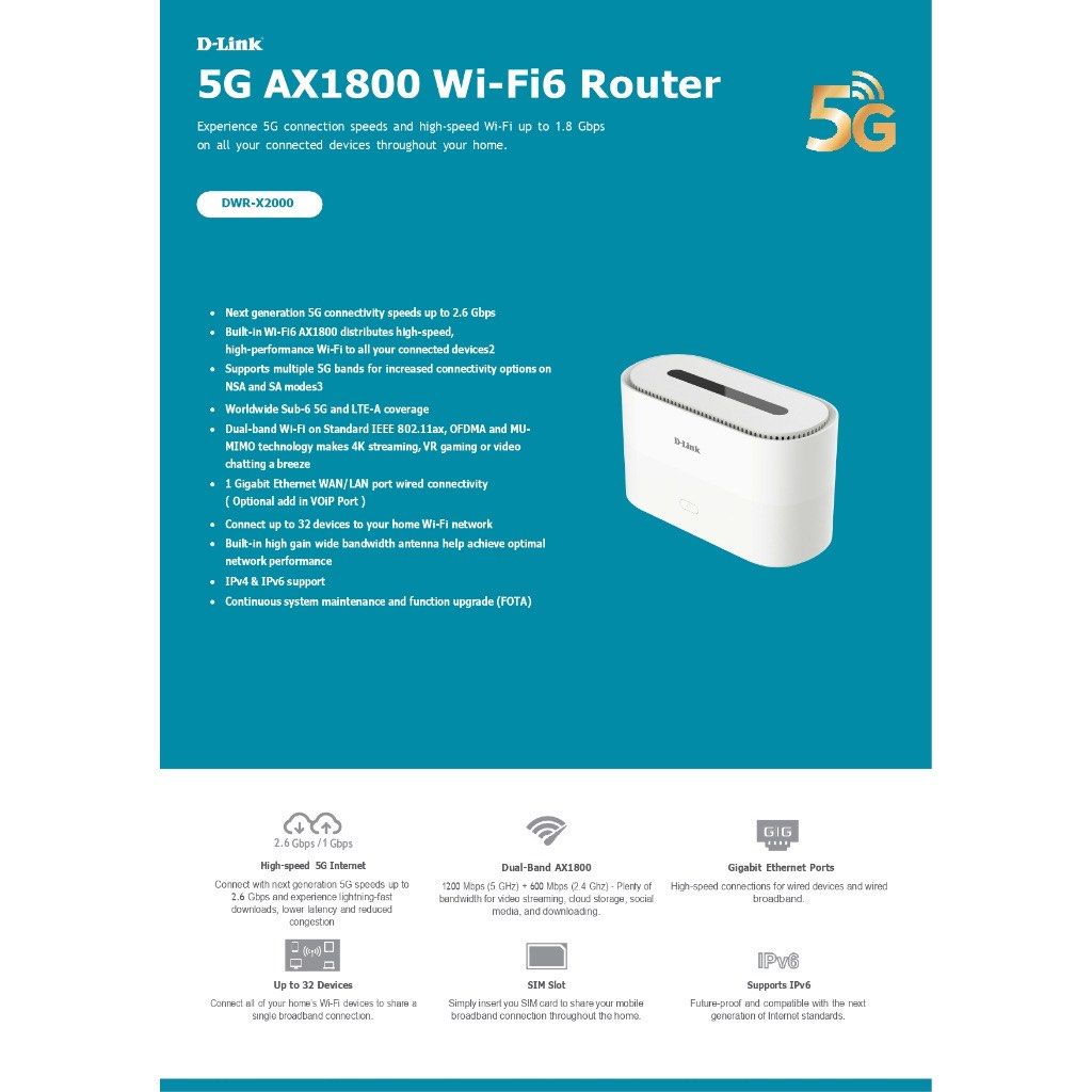 D-Link 5G Sim Card Router 1.8Gbps AX1800 WiFi 6 Router [Model:DWR-X2000 ...
