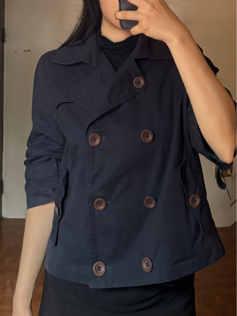 Navy blue cropped trench coat, Women's Fashion, Coats, Jackets and ...
