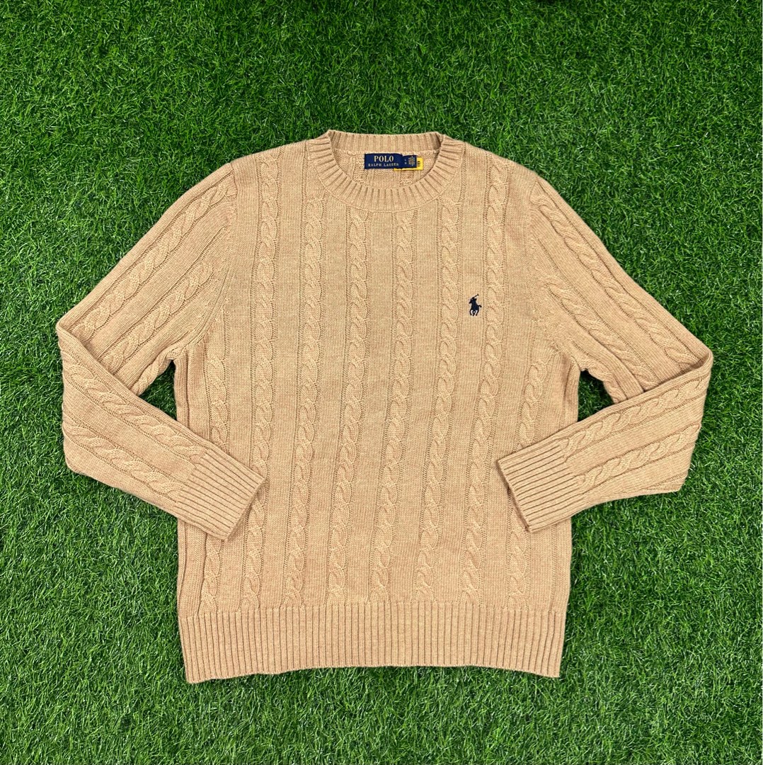 Polo Ralph Lauren Cable Knit Sweater (Khaki), Men's Fashion, Coats ...