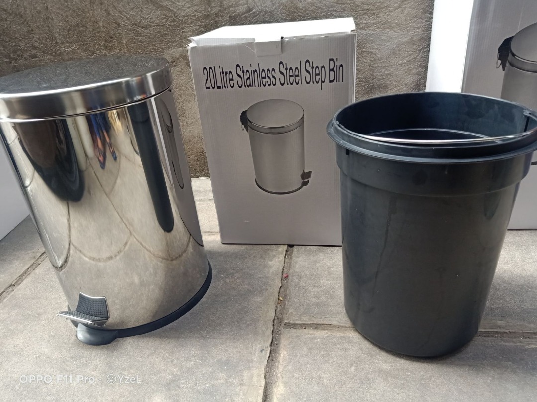 TRASH BIN ROUND STAINLESS, Furniture & Home Living, Cleaning & Homecare ...