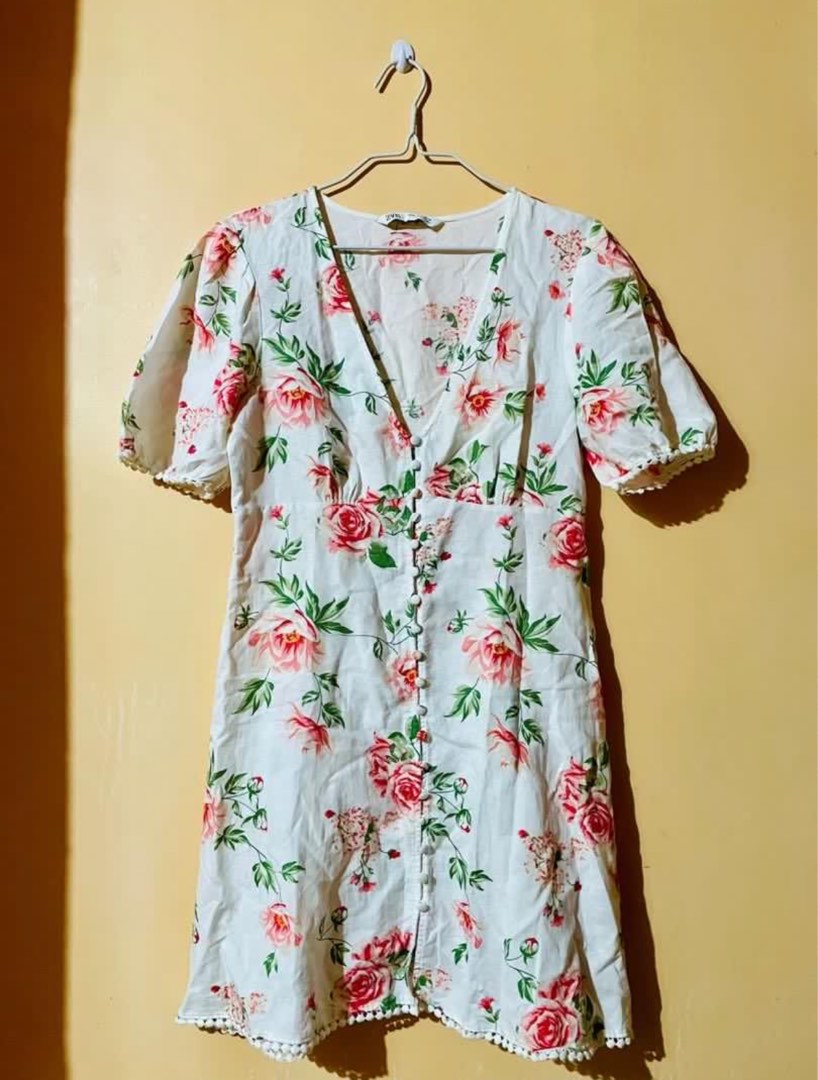 Zara Floral Puff Linen Dress, Women's Fashion, Dresses & Sets, Dresses ...